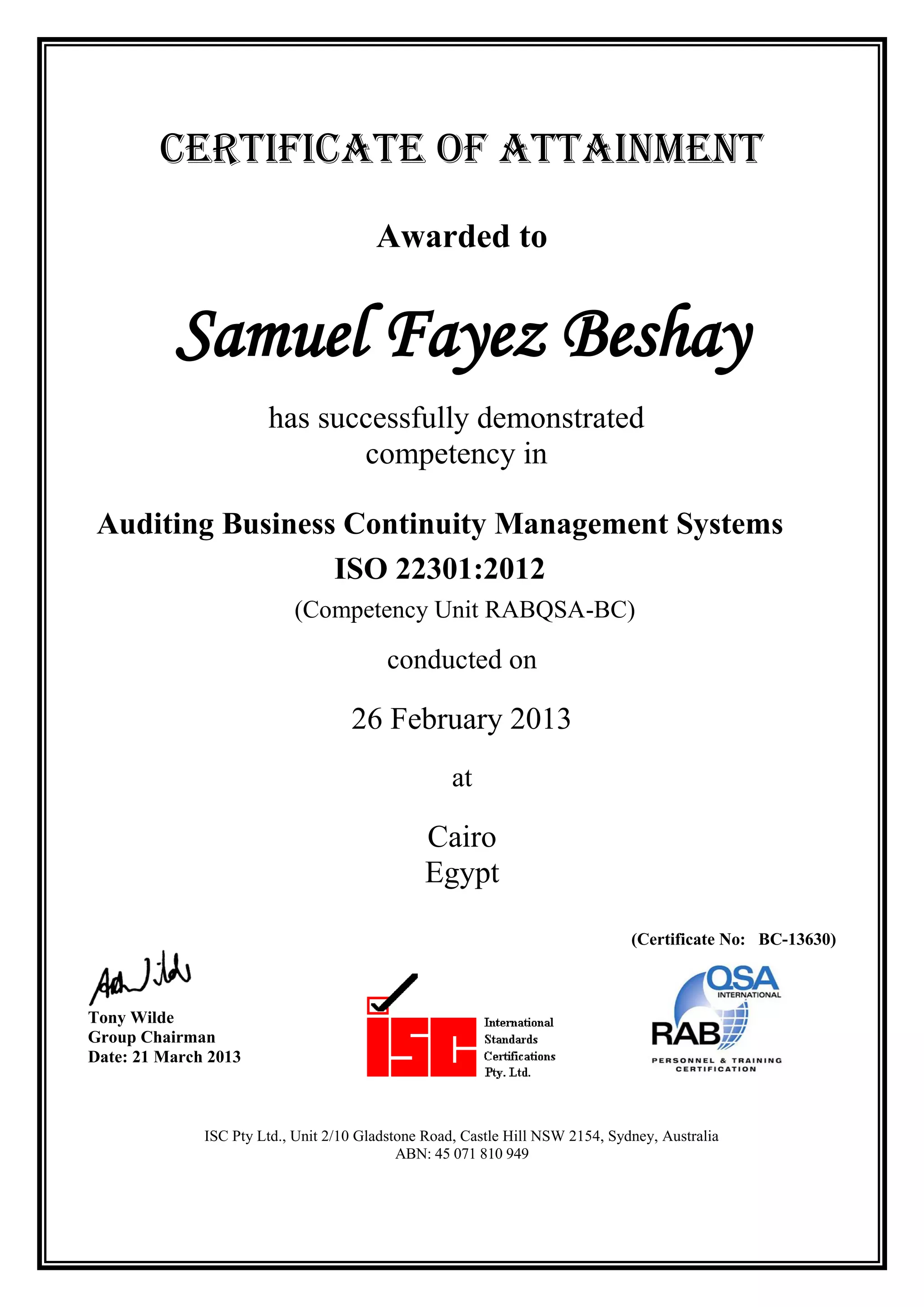 Samuel ISO 22301 | PDF