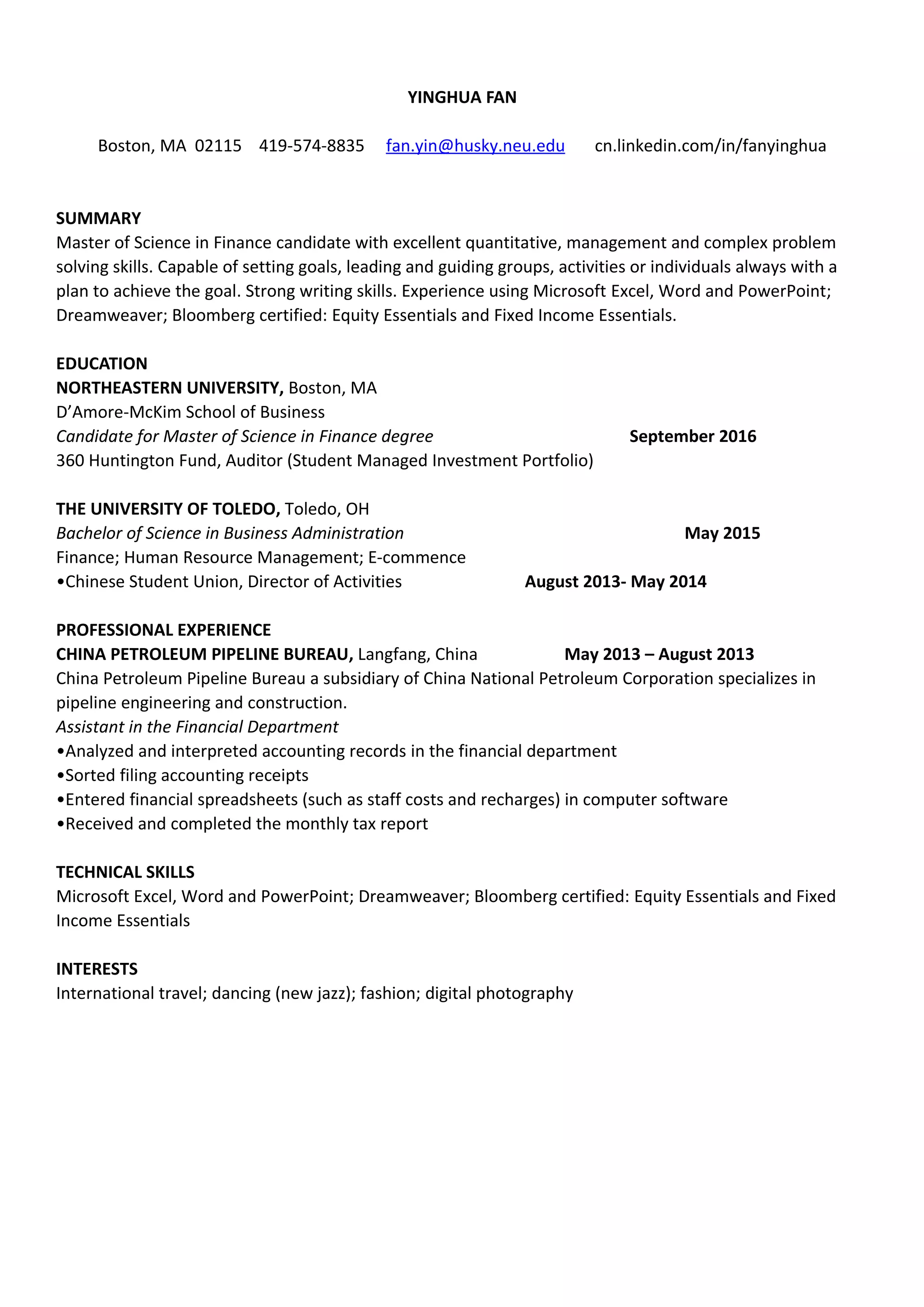 Y Fan Winter2016NEUresume | DOC