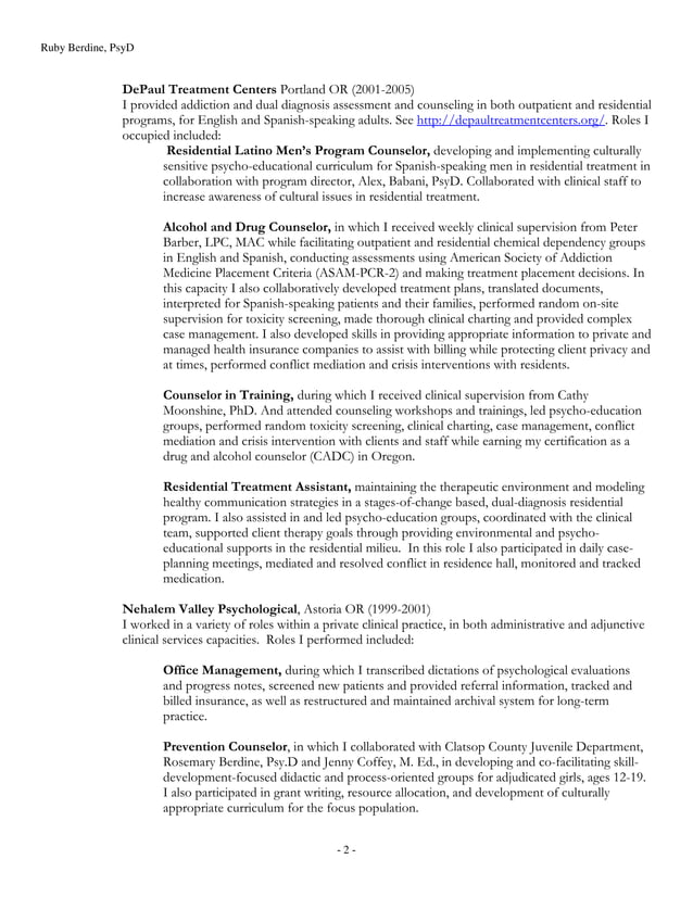CV for Ruby Berdine PsyD CADC-I | PDF