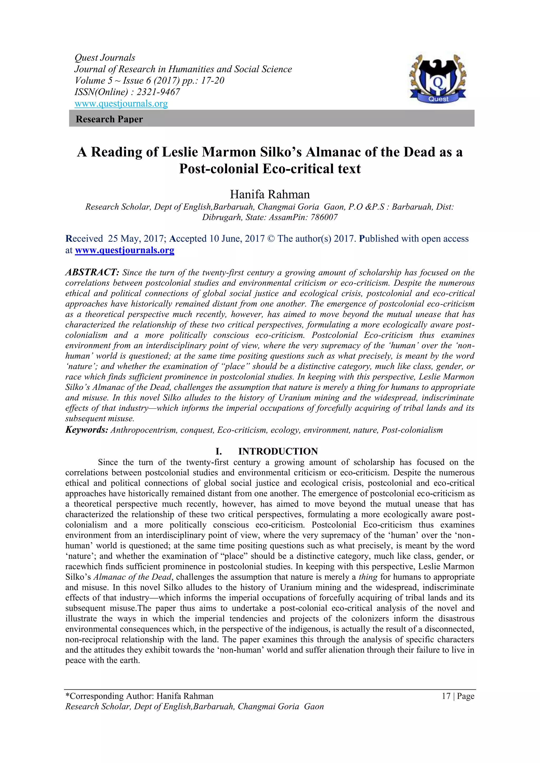 A Reading of Leslie Marmon Silko’s Almanac of the Dead as a Post ...