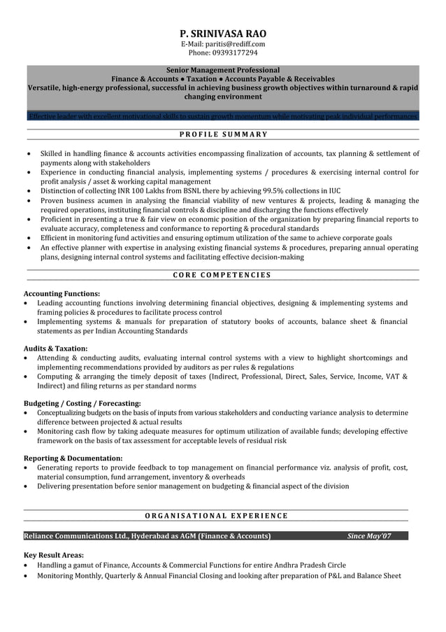 Resume-Psrinivasa rao - | DOC | Business Accounting & Finance | Business