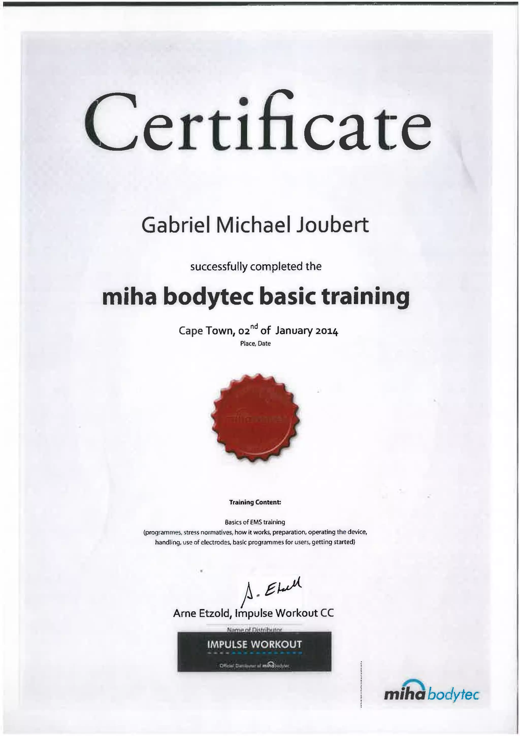 Bodytec - Miha Bodytech Basic Training Certificate | PDF