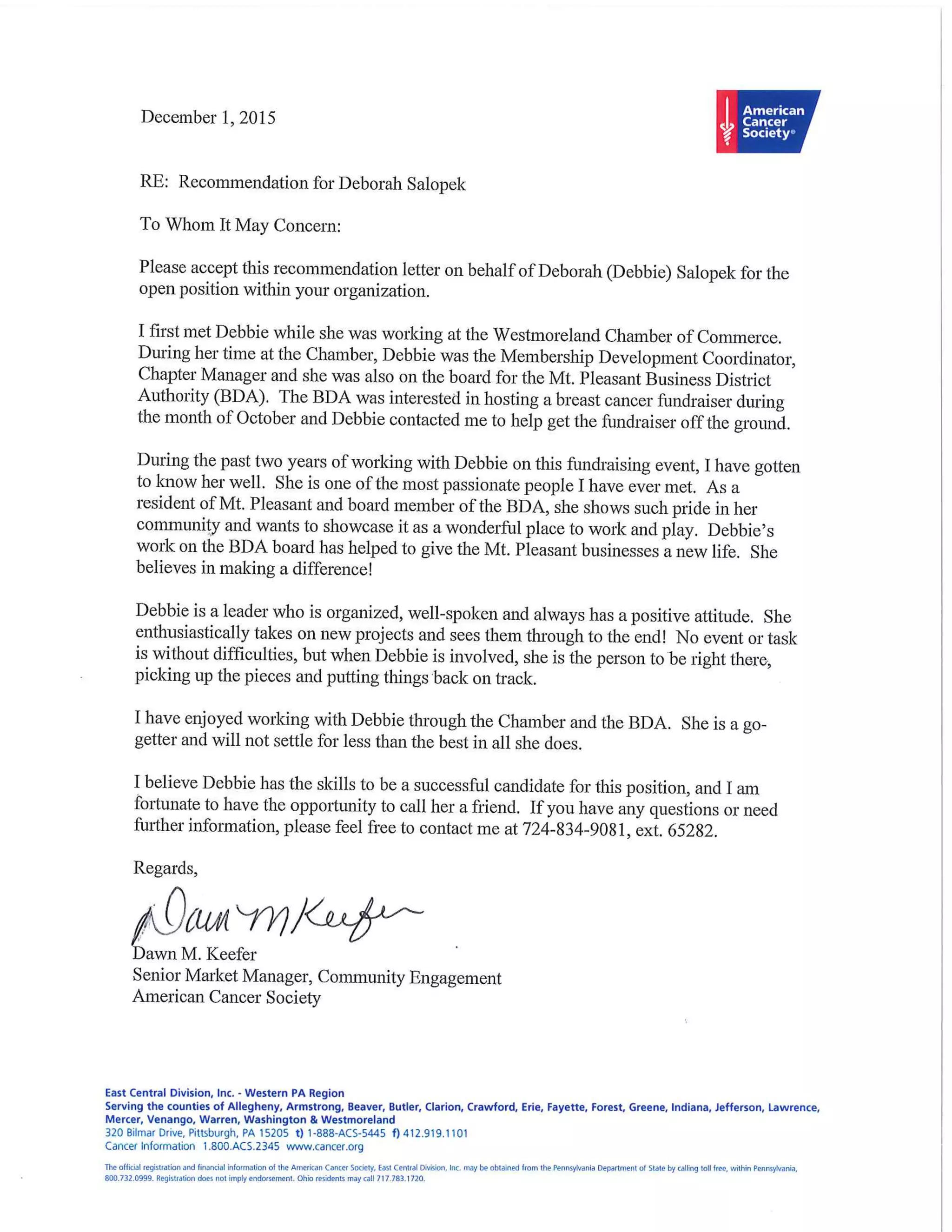 Letter of Rec from Dawn Keefer Dec 2015 | PDF