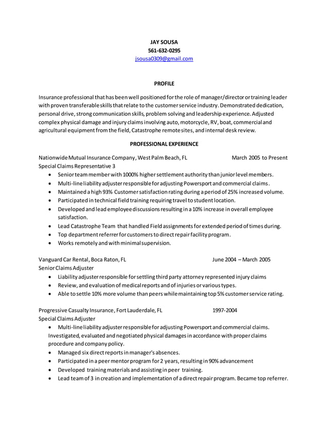JAY SOUSA21resume | DOCX | Insurance | Personal Finance