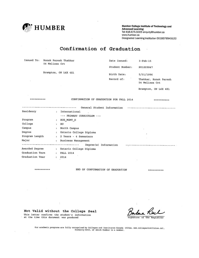 Final Transcripts & Confirmation Of Graduation - Ronak | PDF