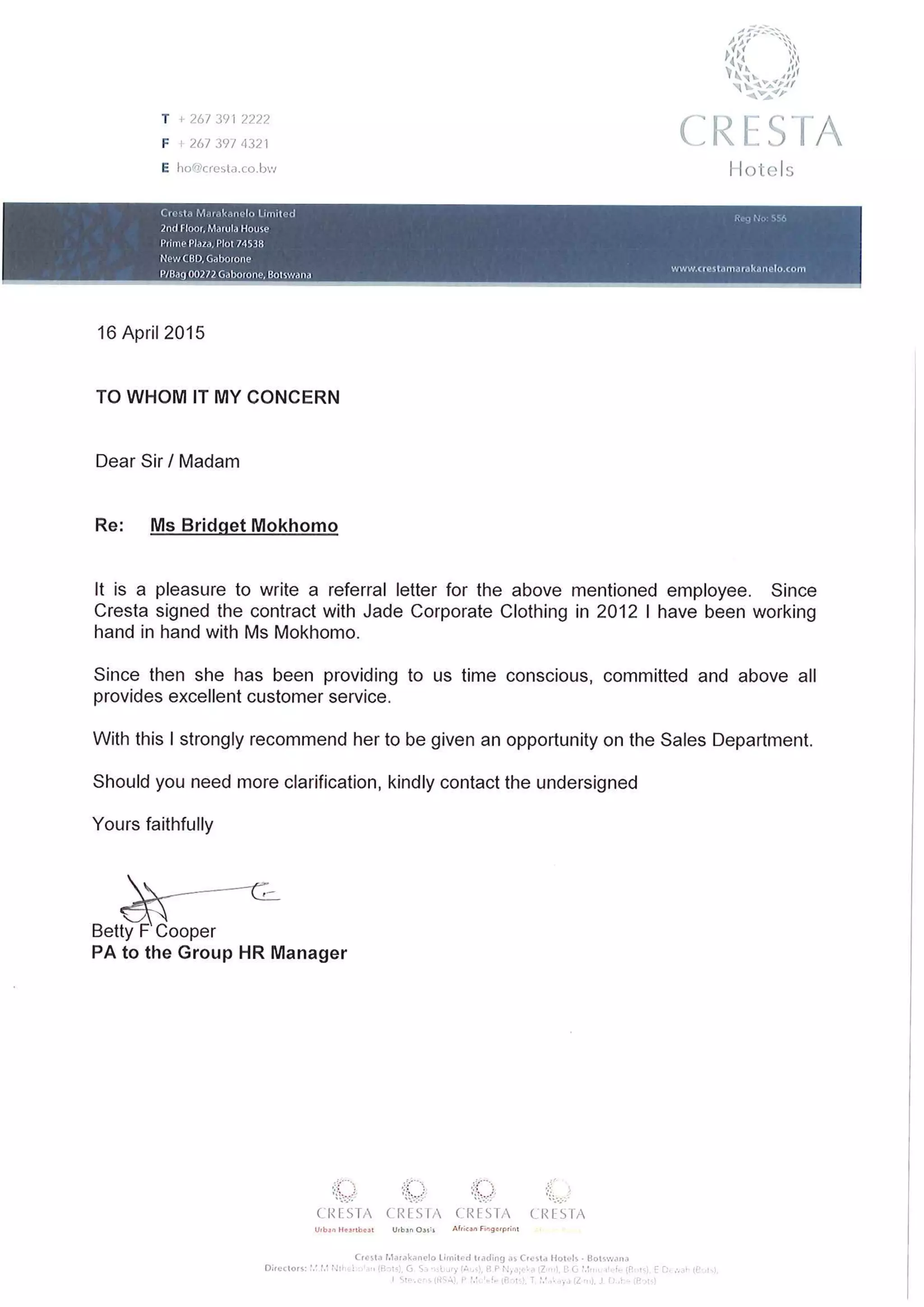 REFERENCE LETTER - CRESTA HOTEL 20150416114224200 | PDF