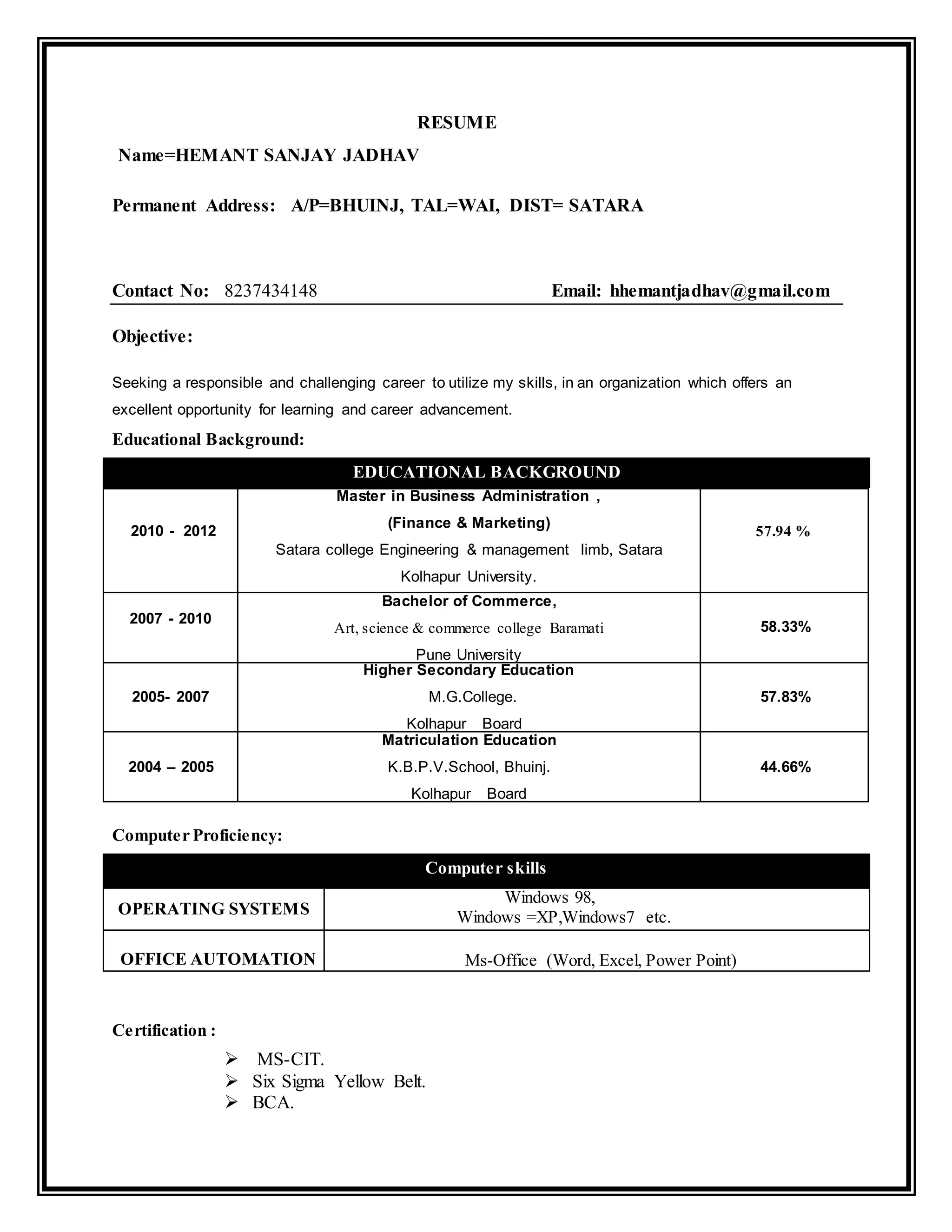 HEMANT JADHAV RESUMEmba | PDF