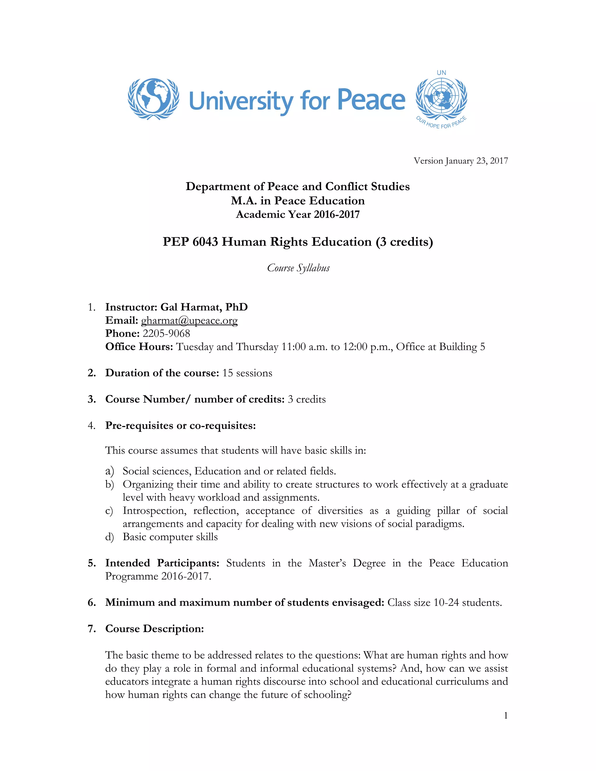 PEP 6043 Human Rights Education syllabus Gal Harmat | PDF