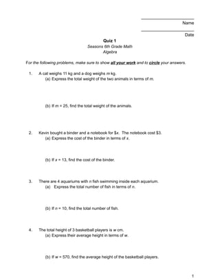 Math Quiz 1 - Algebra - 6th grade | PDF | Zoos & Aquariums | Attractions