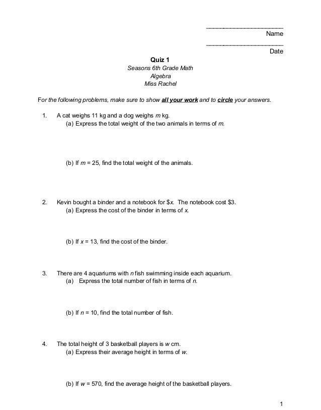 Math Quiz 1 Algebra 6th Grade Math Quiz 1 Algebra 6th Grade