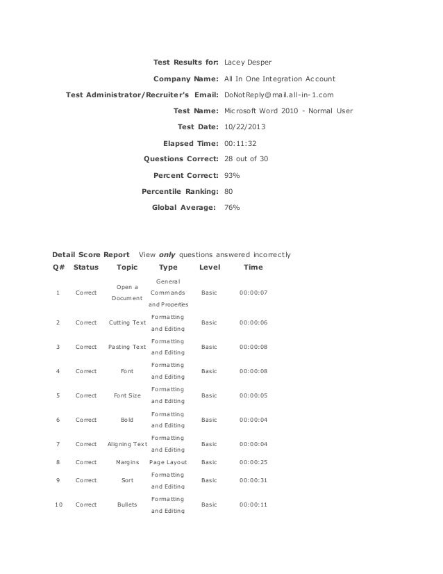Word 2010 Test Results