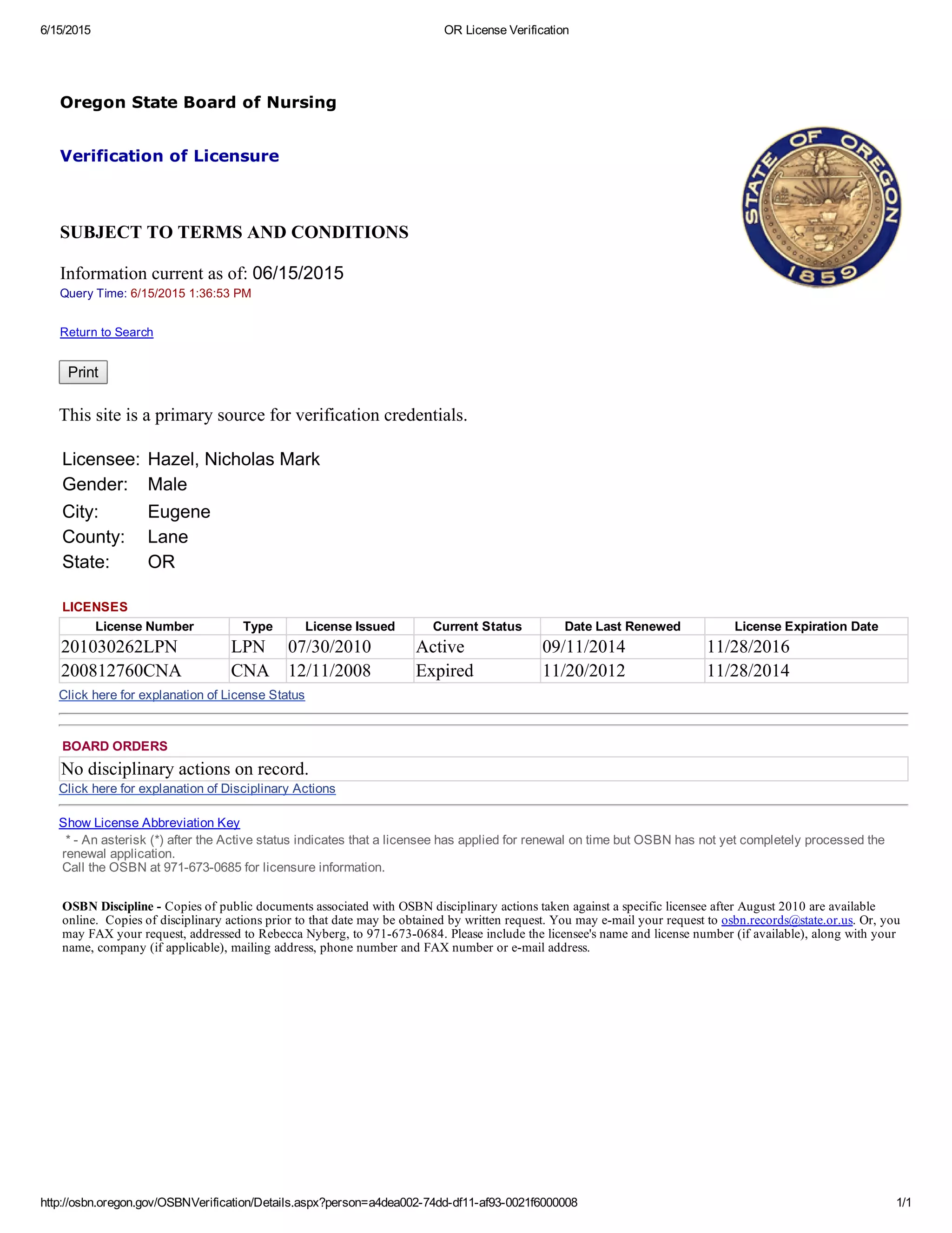 OR LPN License Verification | PDF