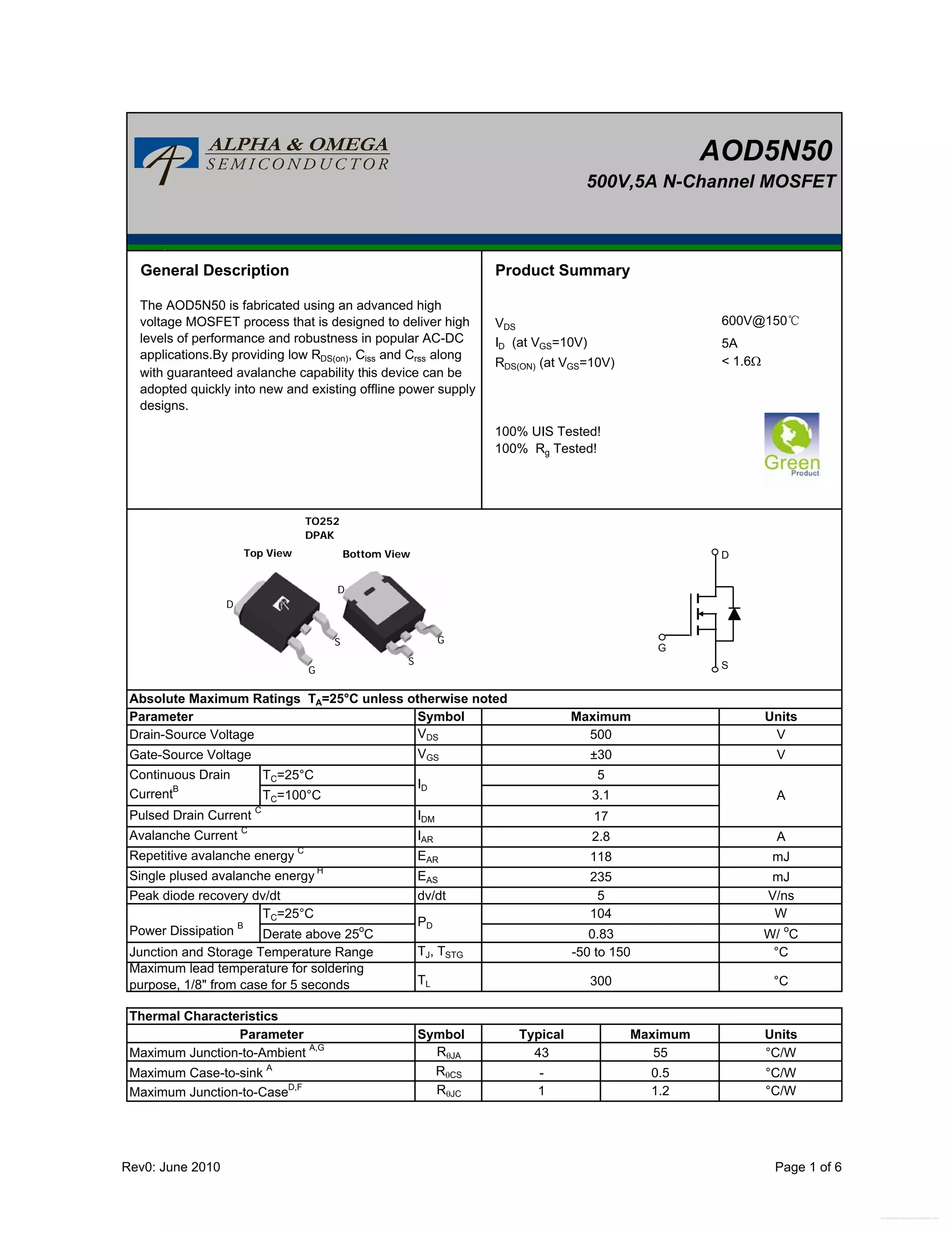 Original N Channel Mosfet AOD5N50 D5N50 5N50 5A 500V TO-252 New | PDF