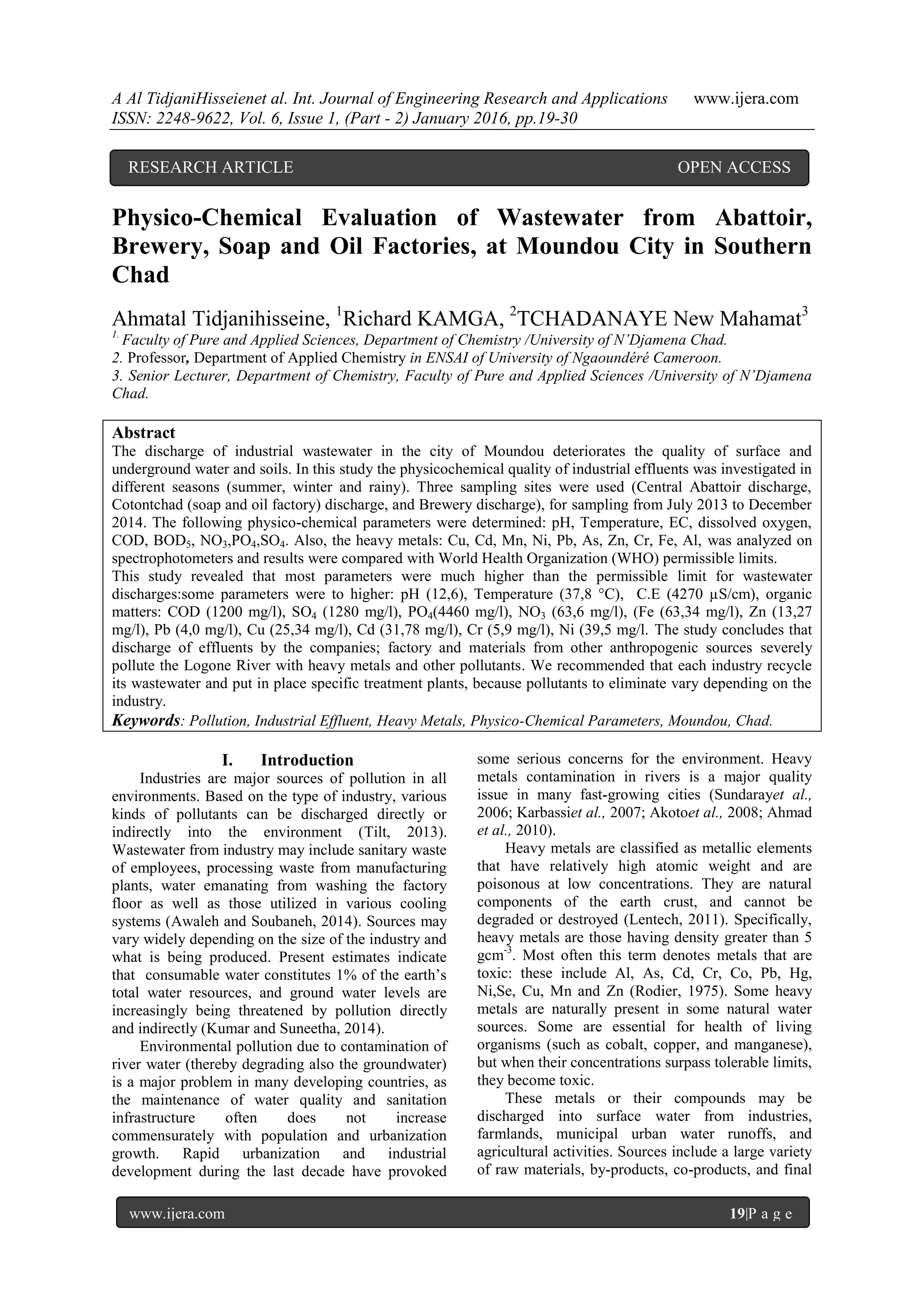 Physico-Chemical Evaluation of Wastewater from Abattoir, Brewery, Soap ...