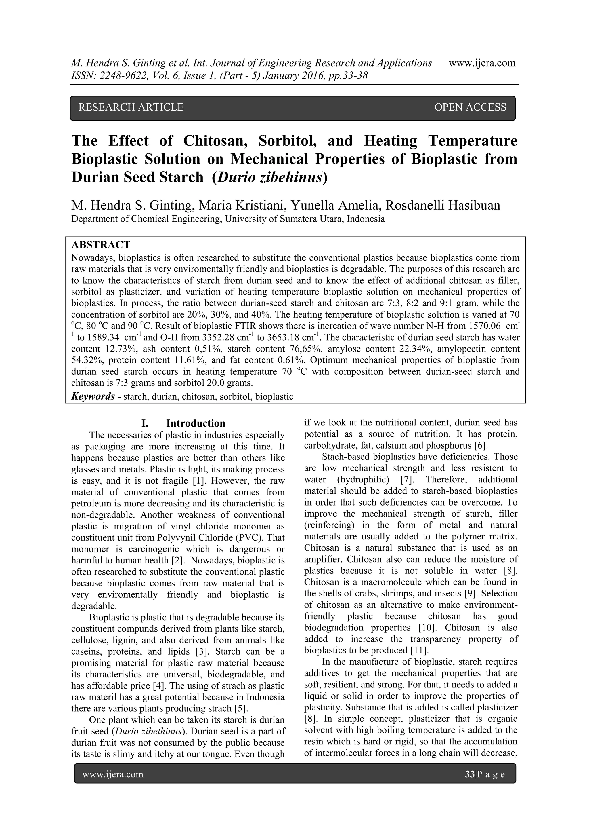 The Effect of Chitosan, Sorbitol, and Heating Temperature Bioplastic Solution on Mechanical ...