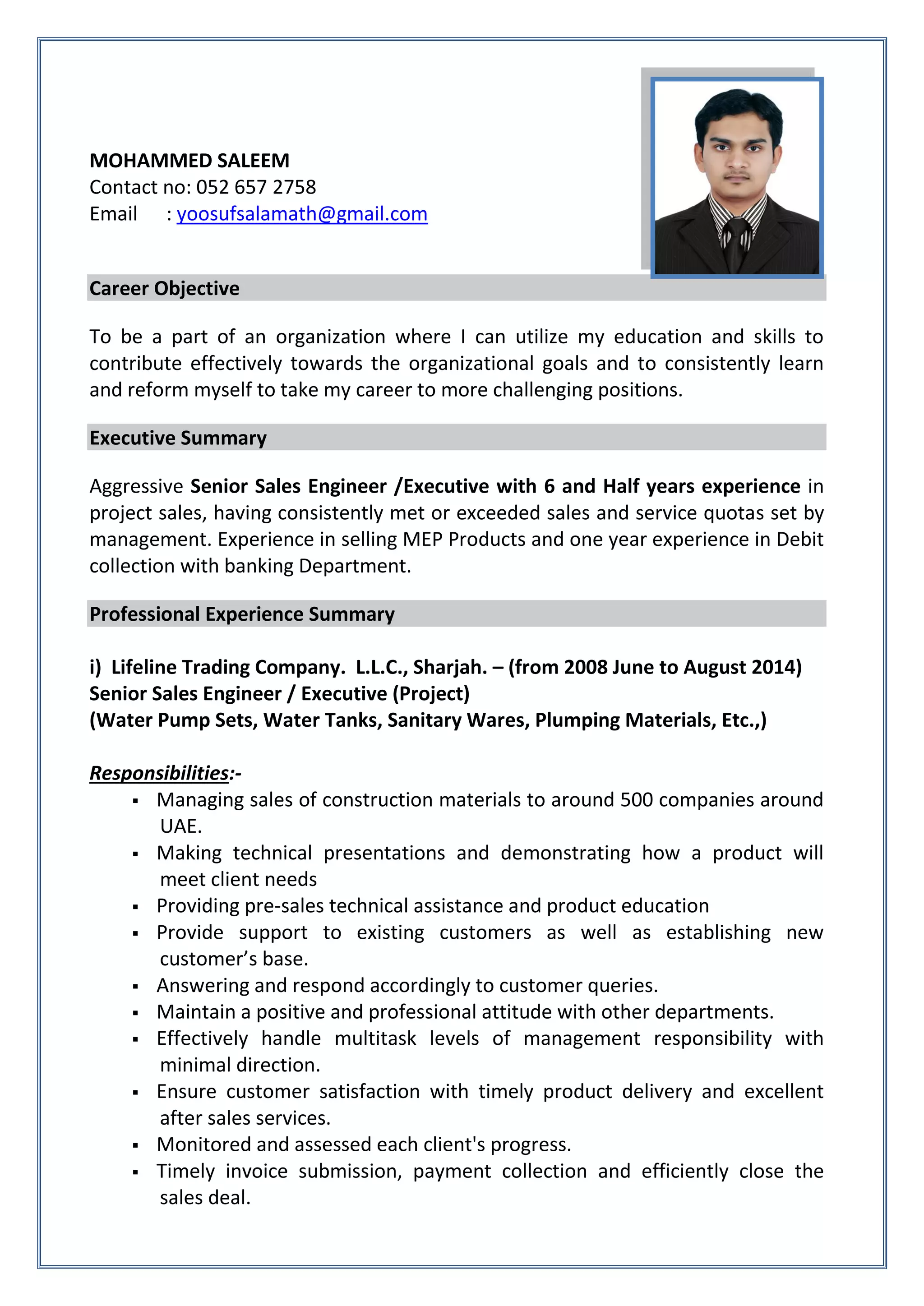 Senior Sales Engineer -Executive with 6 and Half yrs Experience ...