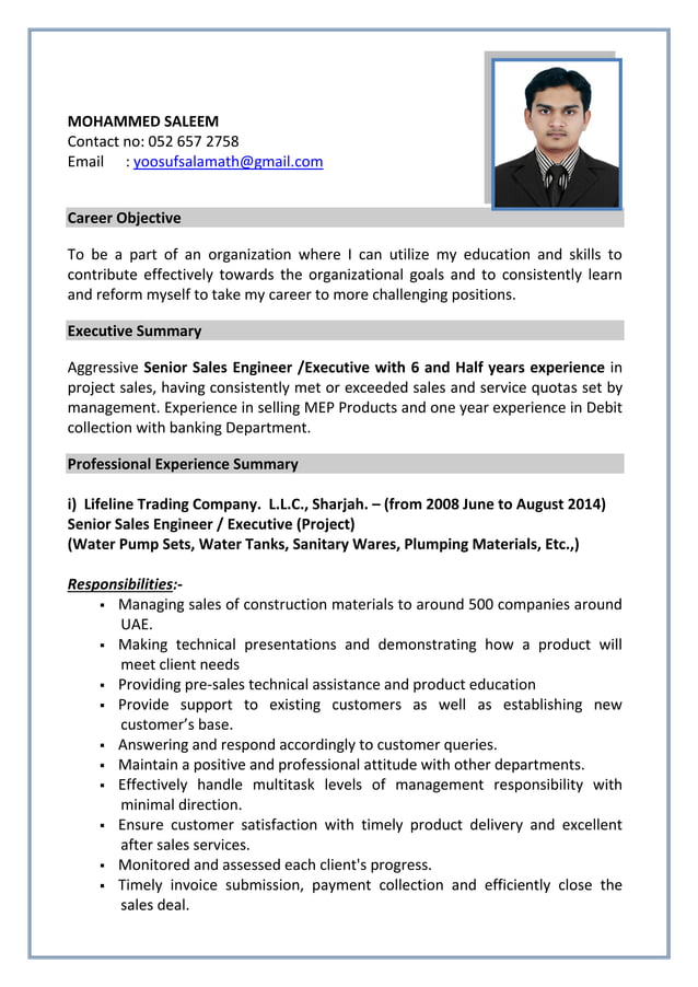Senior Sales Engineer -Executive with 6 and Half yrs Experience - Saleem CV | PDF