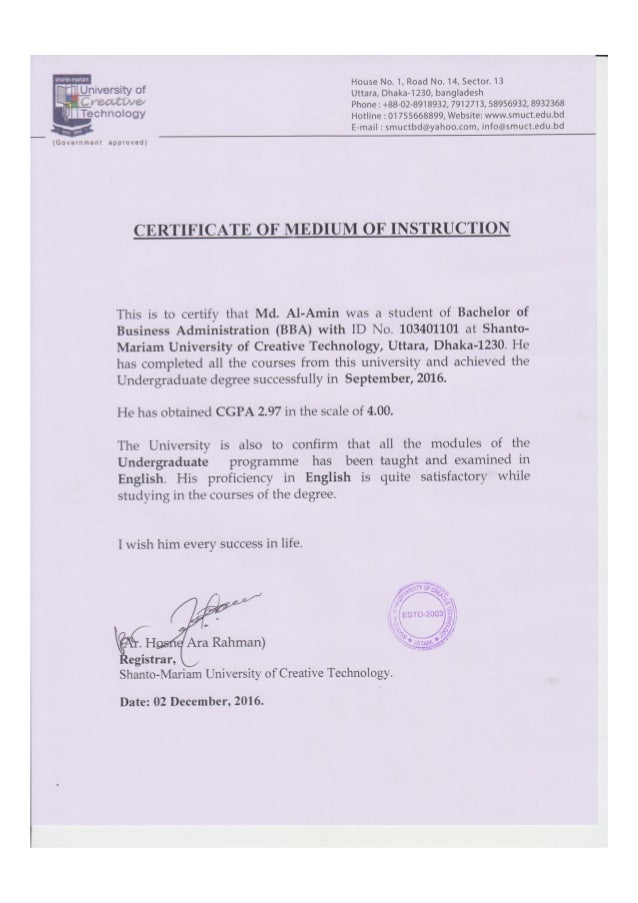 CERTIFICATE OF MEDIUM OF INSTRUCTION CERTIFICATE OF MEDIUM OF INSTRUCTION