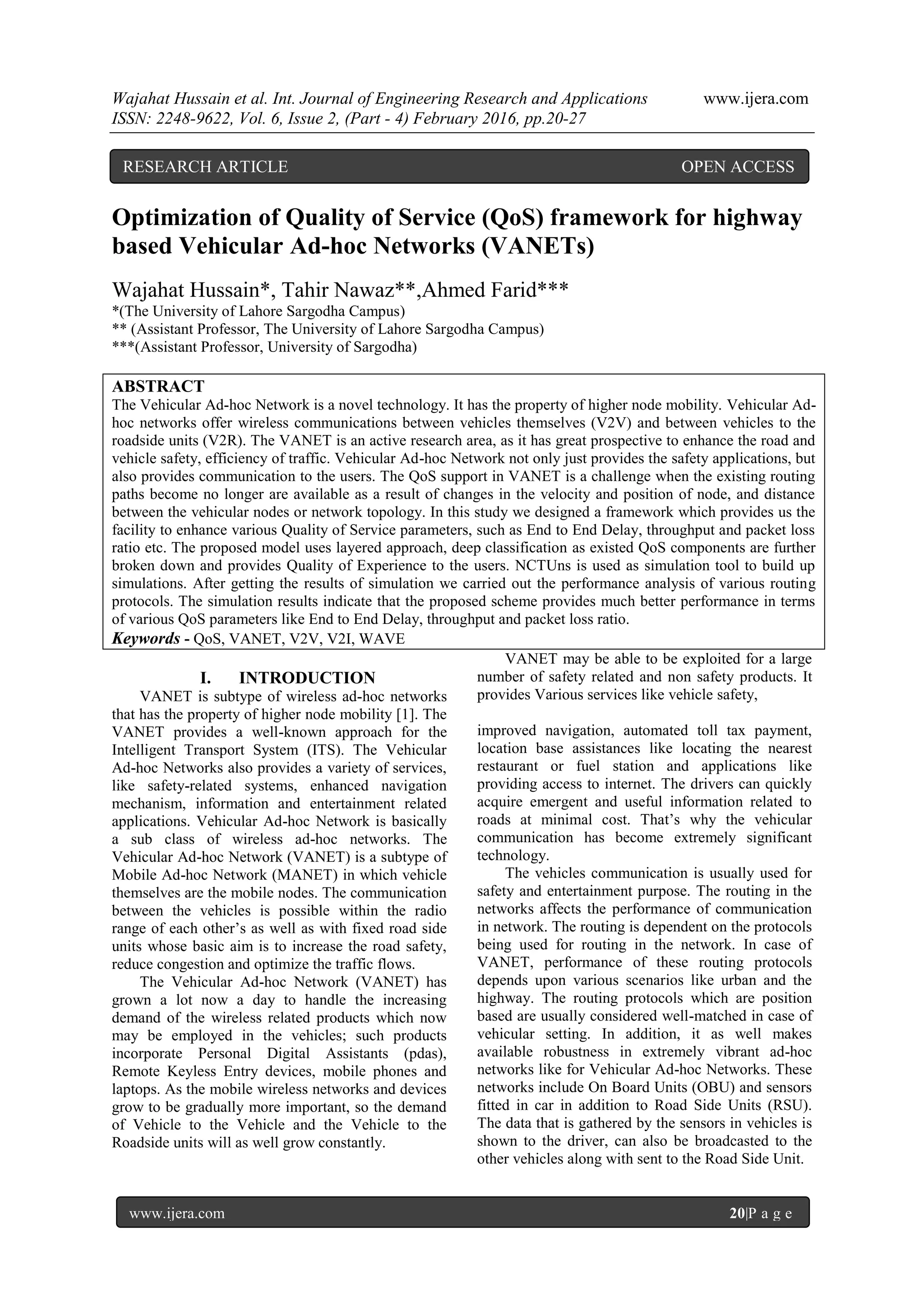 Optimization of Quality of Service (QoS) framework for highway based Vehicular Ad-hoc Networks ...