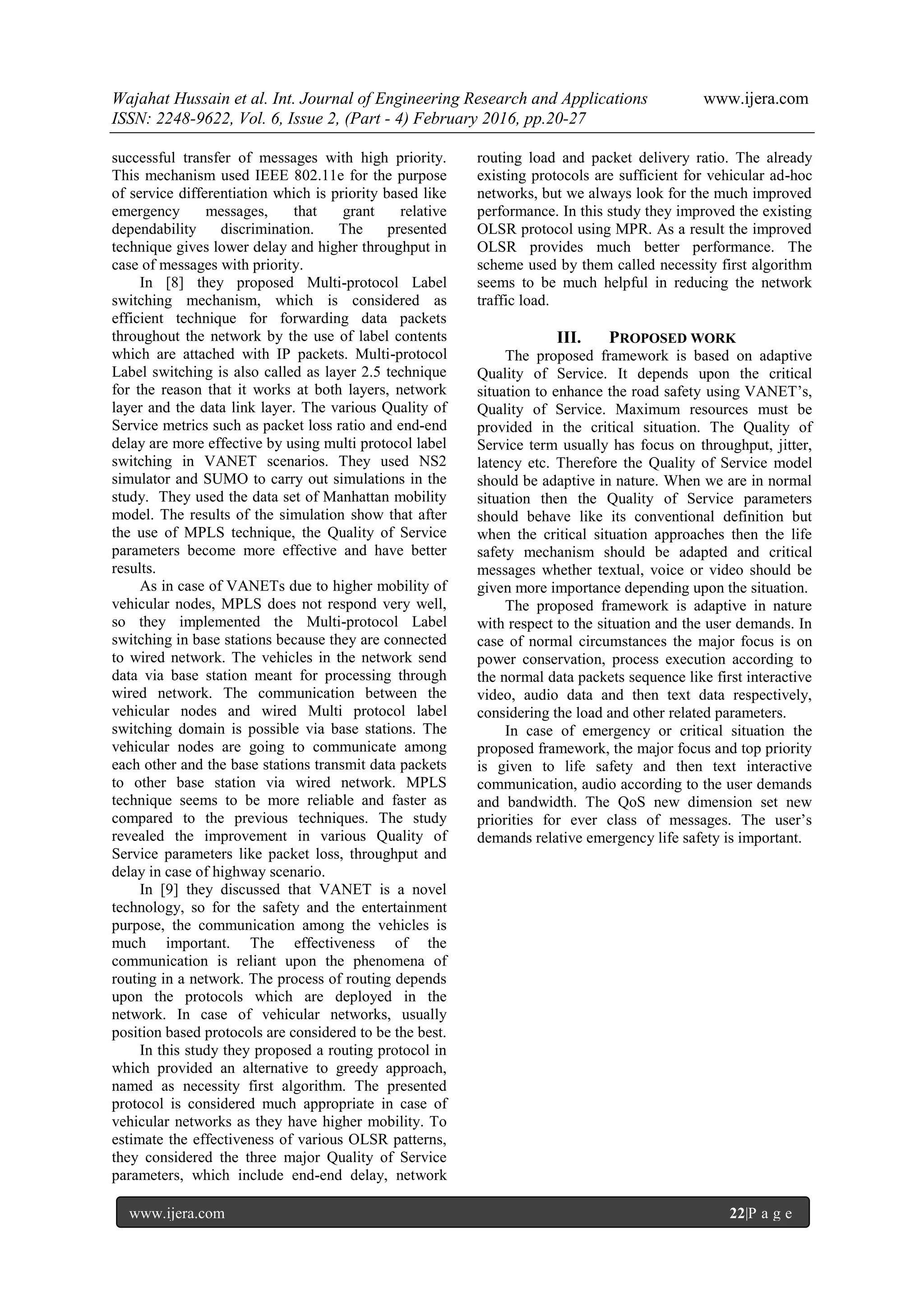 Optimization of Quality of Service (QoS) framework for highway based Vehicular Ad-hoc Networks ...