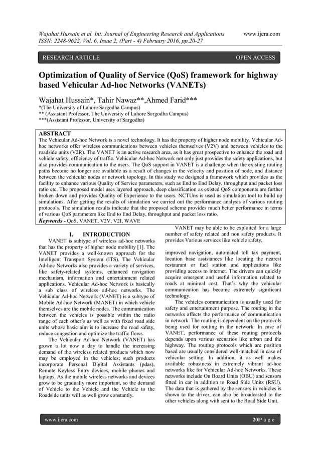 Optimization of Quality of Service (QoS) framework for highway based Vehicular Ad-hoc Networks ...
