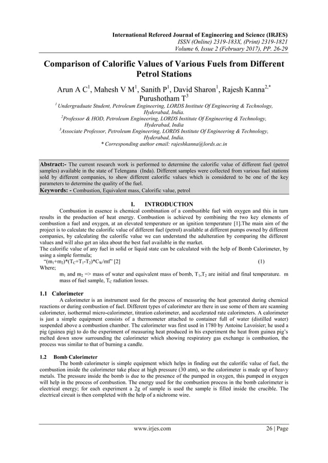Comparison of Calorific Values of Various Fuels from Different Petrol ...