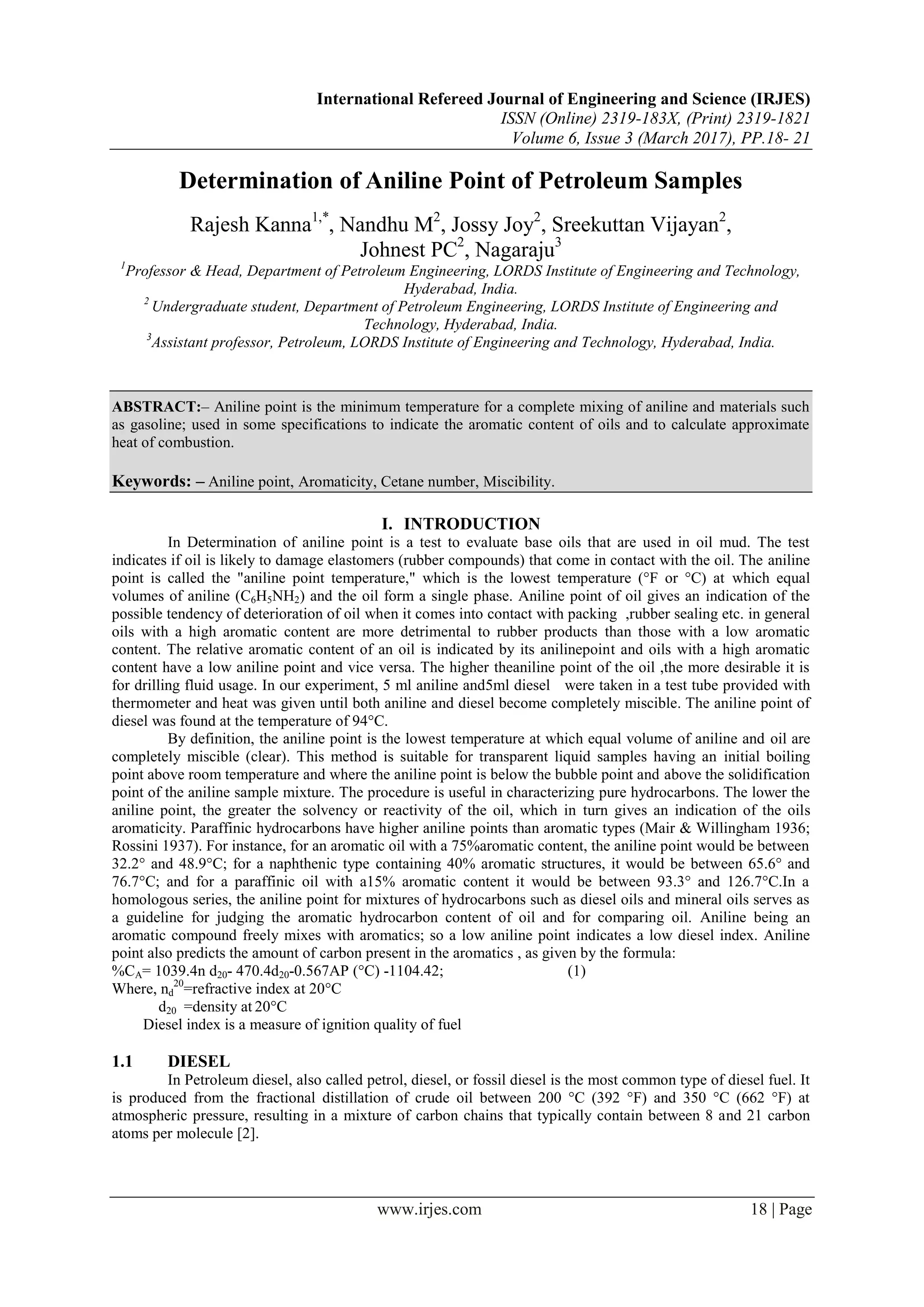 Determination of Aniline Point of Petroleum Samples | PDF
