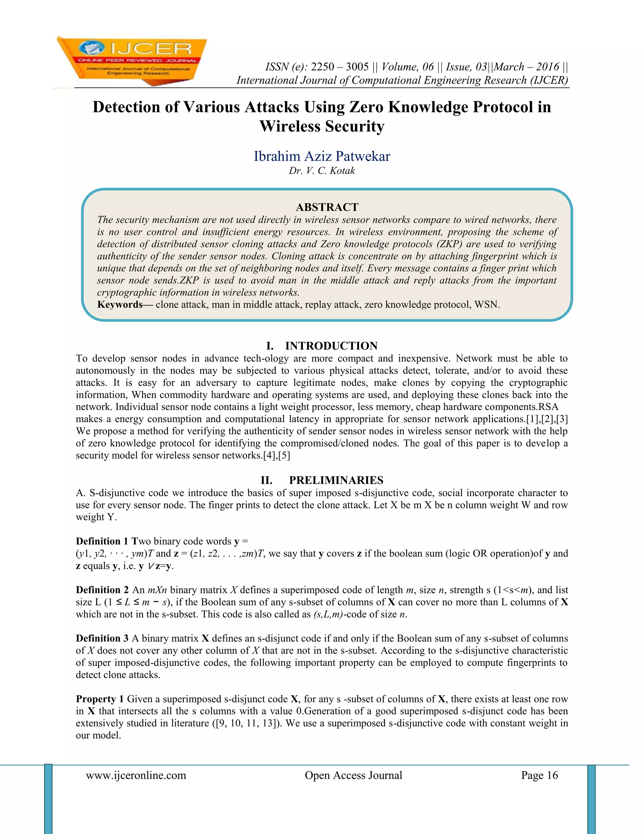 Detection Of Various Attacks Using Zero Knowledge Protocol In Wireless