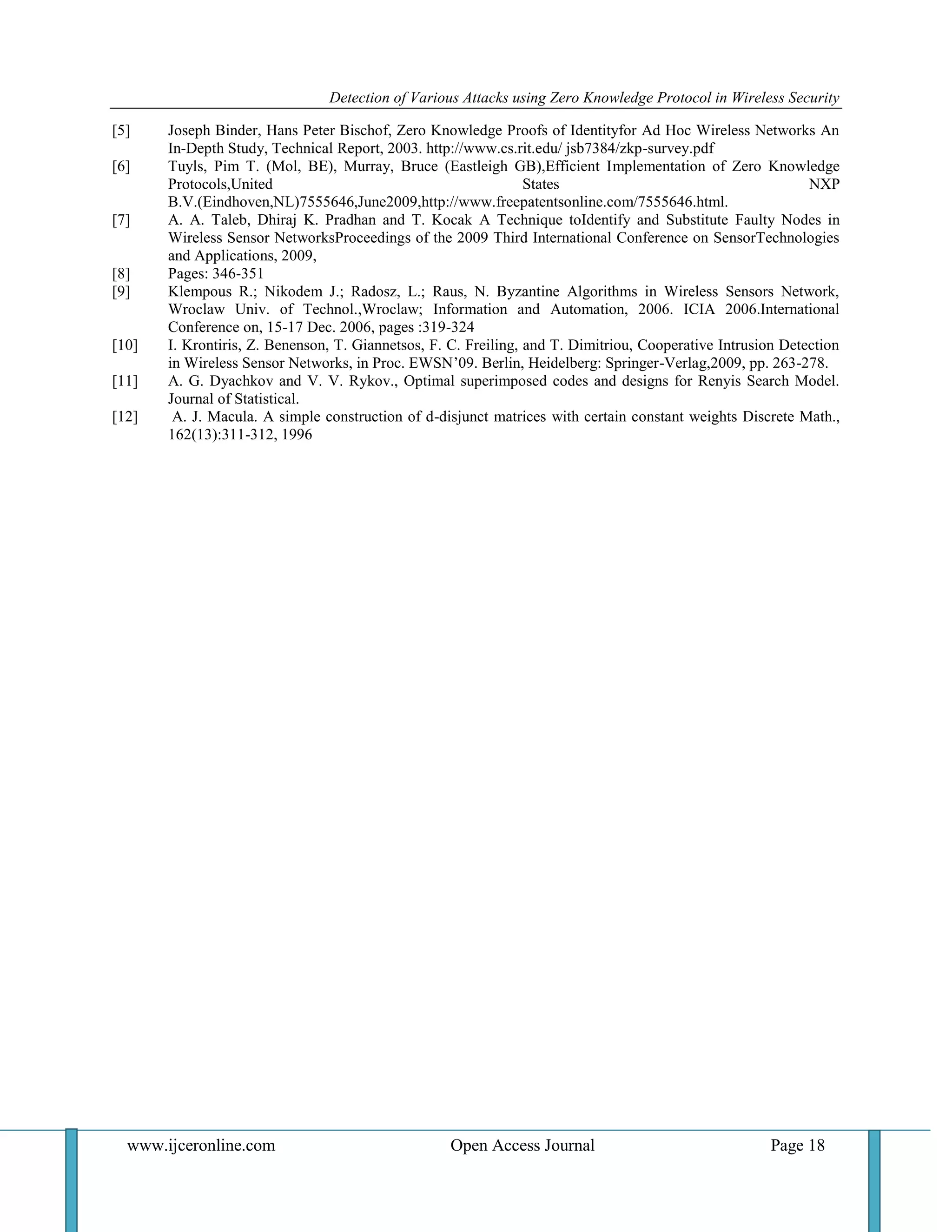 Detection Of Various Attacks Using Zero Knowledge Protocol In Wireless