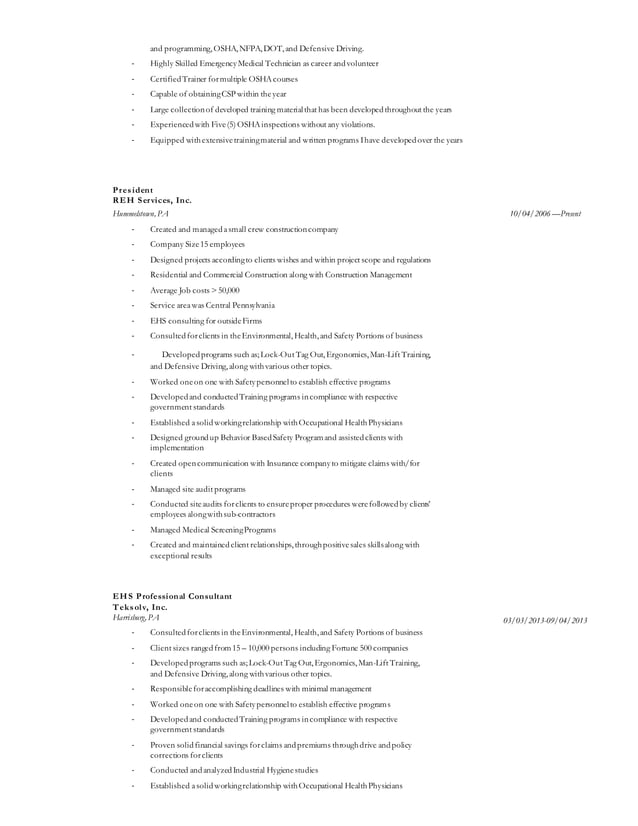 (Current) EHS Resume - July '16 | DOCX | Healthcare Industry | Industries