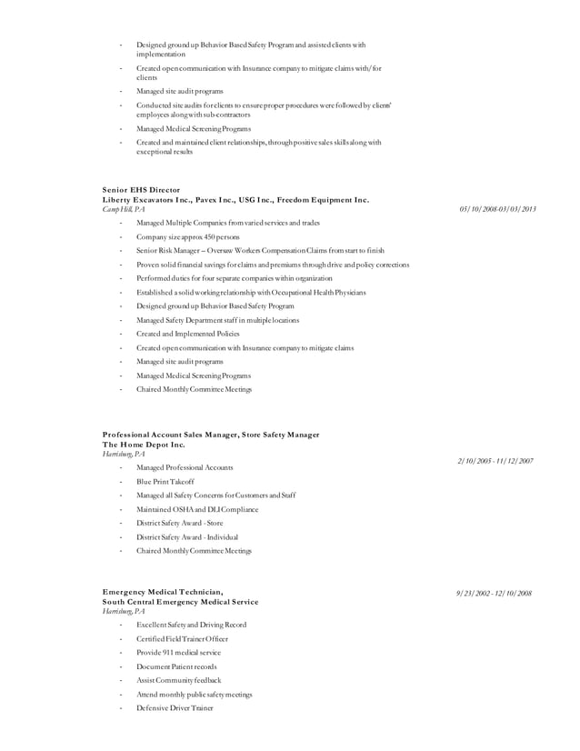 (Current) EHS Resume - July '16 | DOCX | Healthcare Industry | Industries