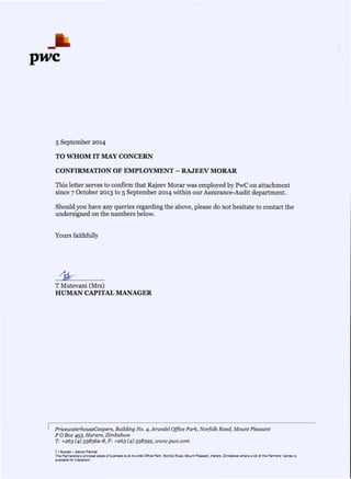 Pwc reference letter | PDF | Business | Business and Finance