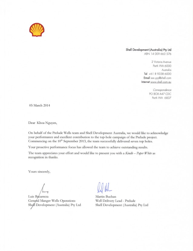 4a. Shell Prelude top-hole, letter of appreciation - Khoa Nguyen | PDF