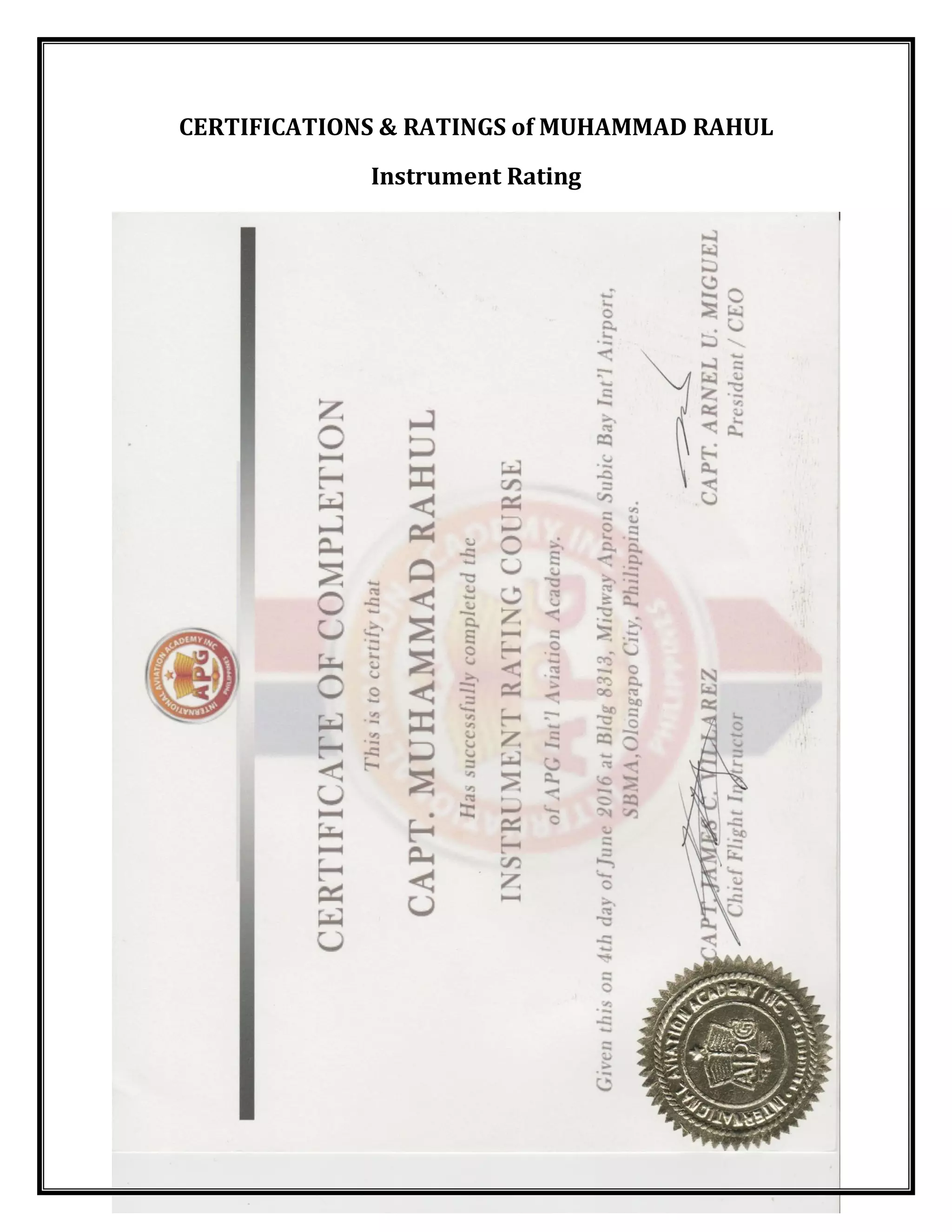 Certifications and Ratings Muhammad Rahul | PDF