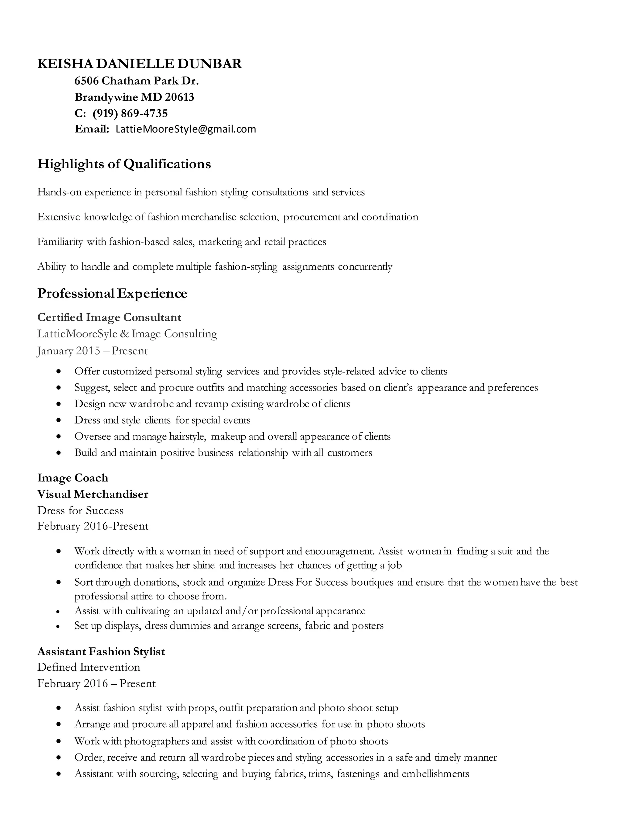 KEISHA DANIELLE DUNBAR Stylist Resume (1) | DOCX | Apparel Industry ...