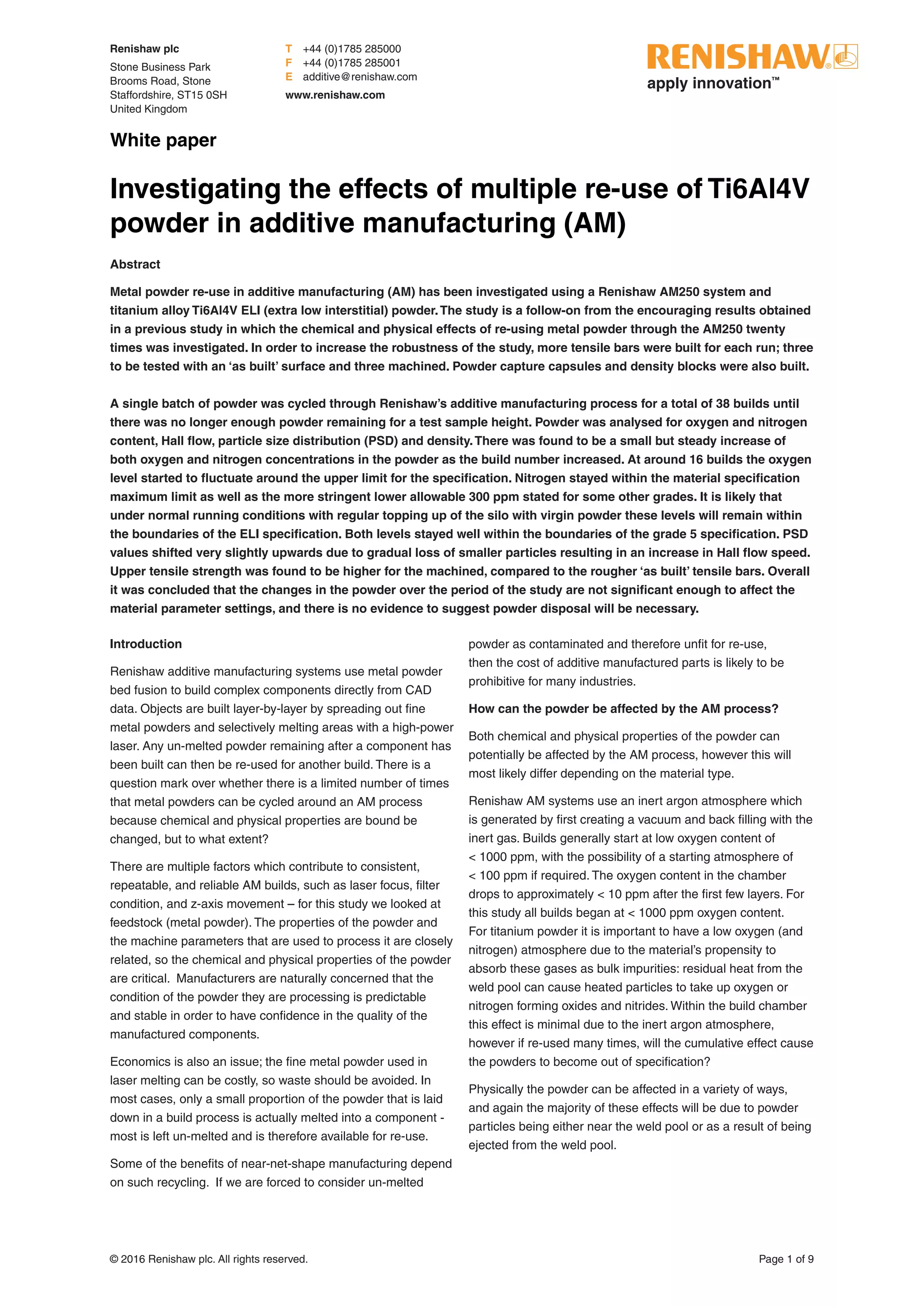 White paper - investigating the effects of multiple re-use of Ti6Al4V ...