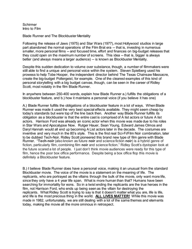 Blade Runner and The Blockbuster Mentality | DOCX | Movies | Entertainment