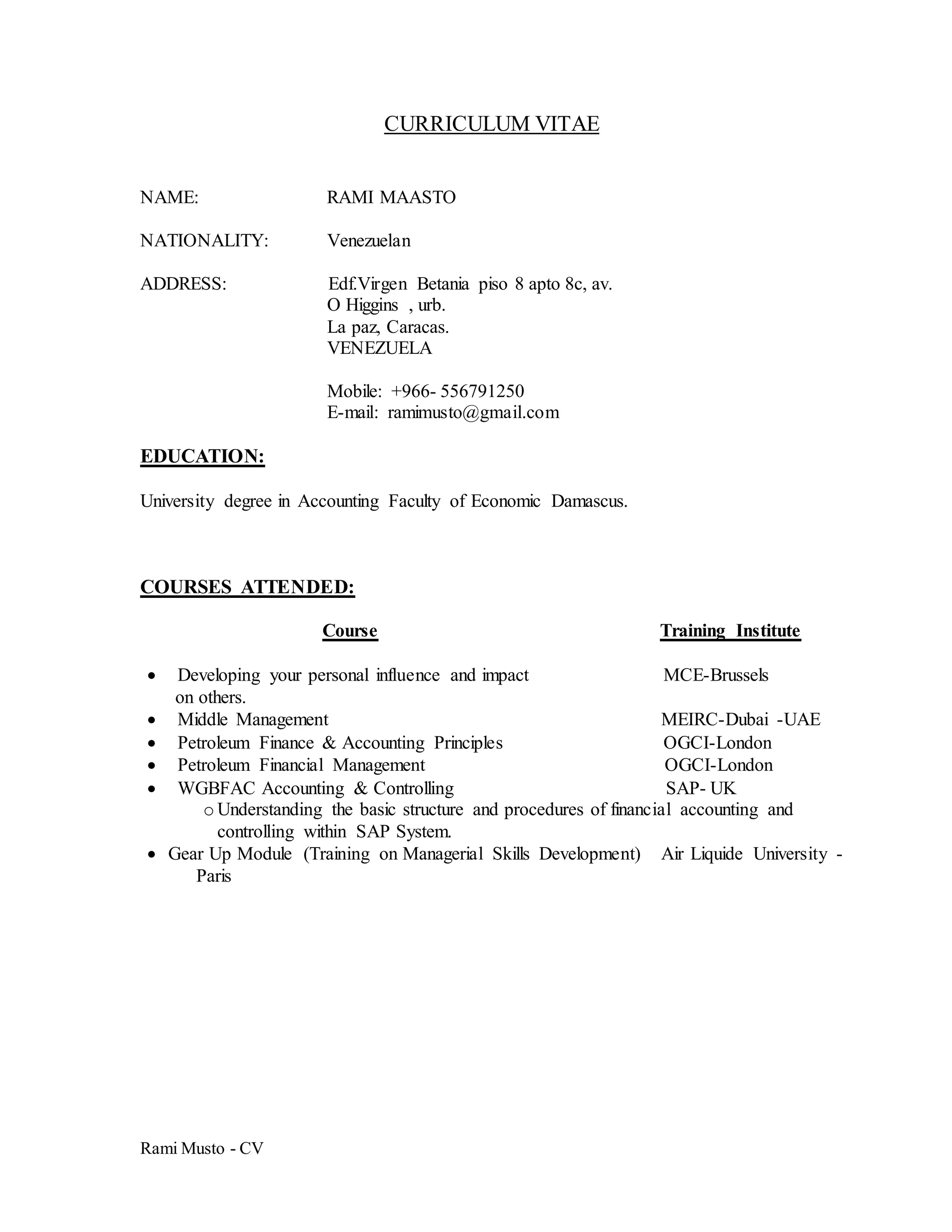 CV RAMI MUSTO (1) | DOCX | Business Accounting & Finance | Business