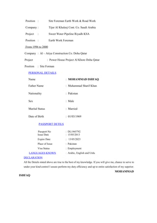 Updated CV of Muhammad Ishfaq 17.5.15 | Civil Engineering Industry | Industries