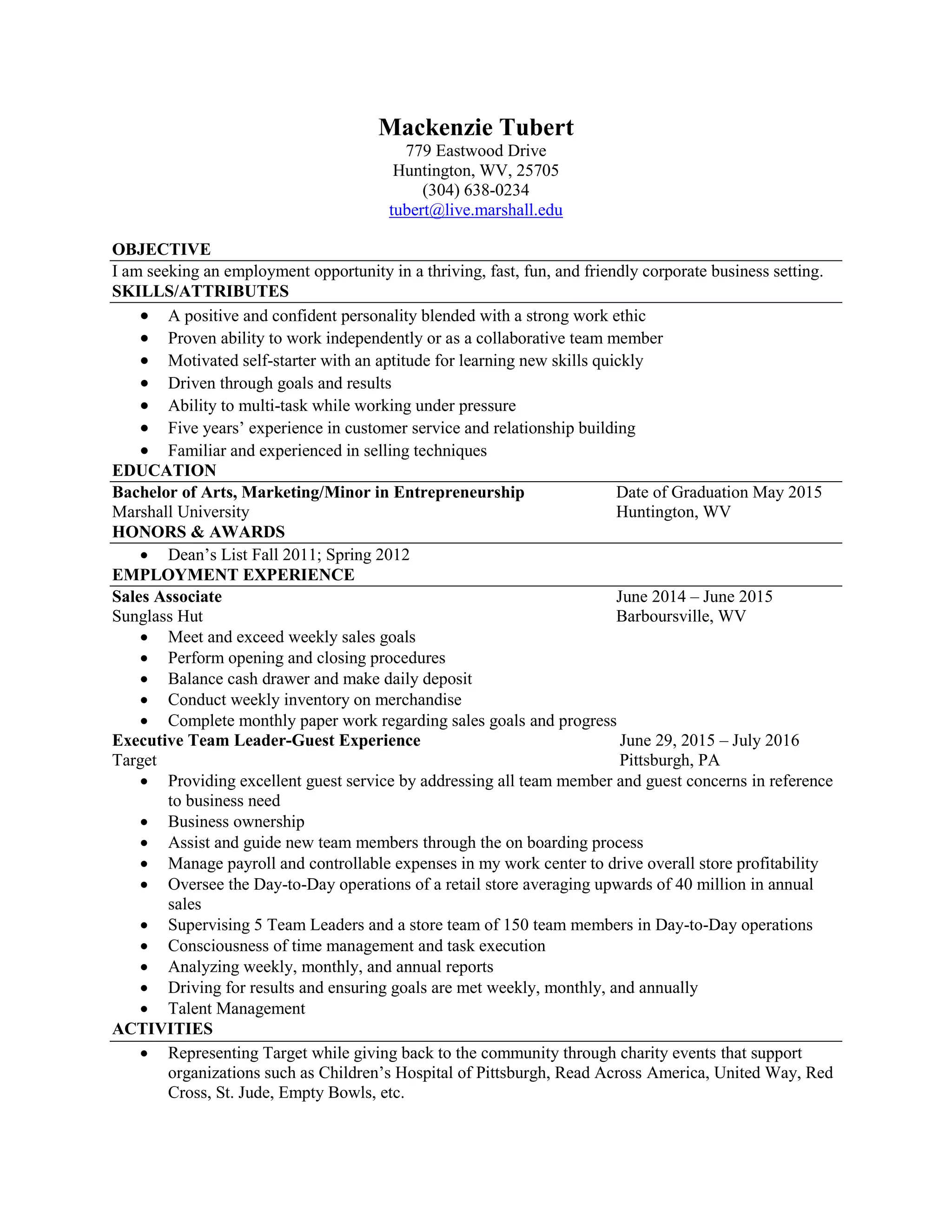 Mackenzie Tubert Resume 8-1-16 | PDF | Sales | Business
