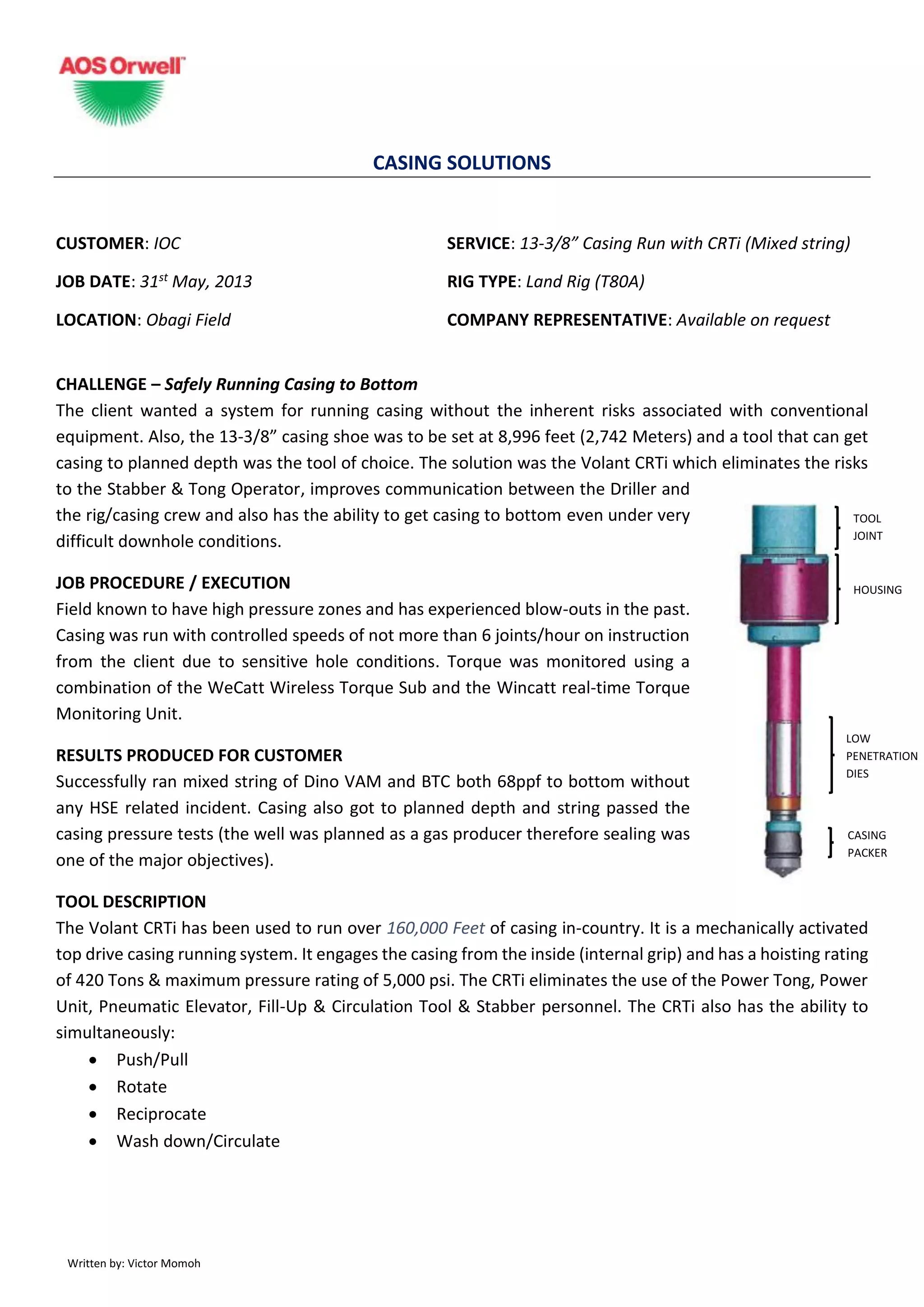 CASING_SOLUTIONS_OBAGI_FIELD_ | PDF | Scuba Diving | Extreme Sports