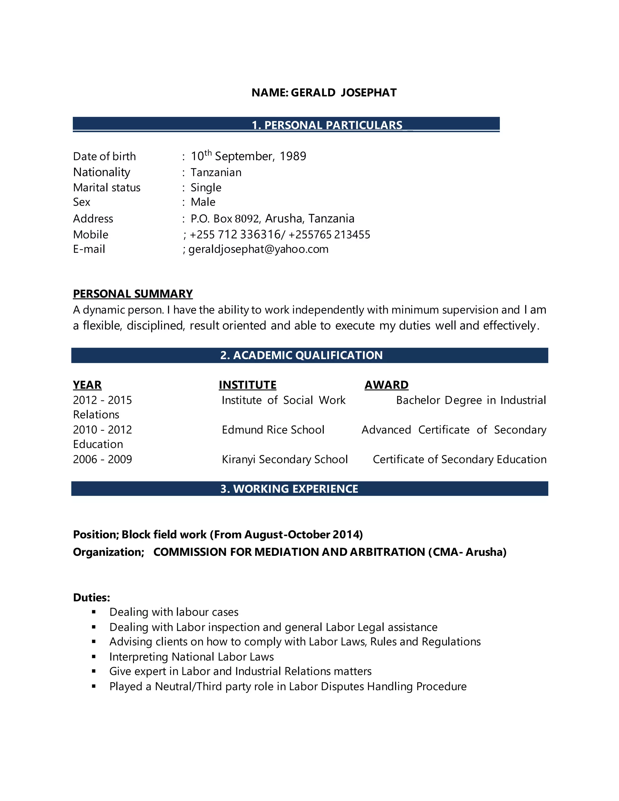 GERALD JOSEPHAT CV | PDF | Free Download