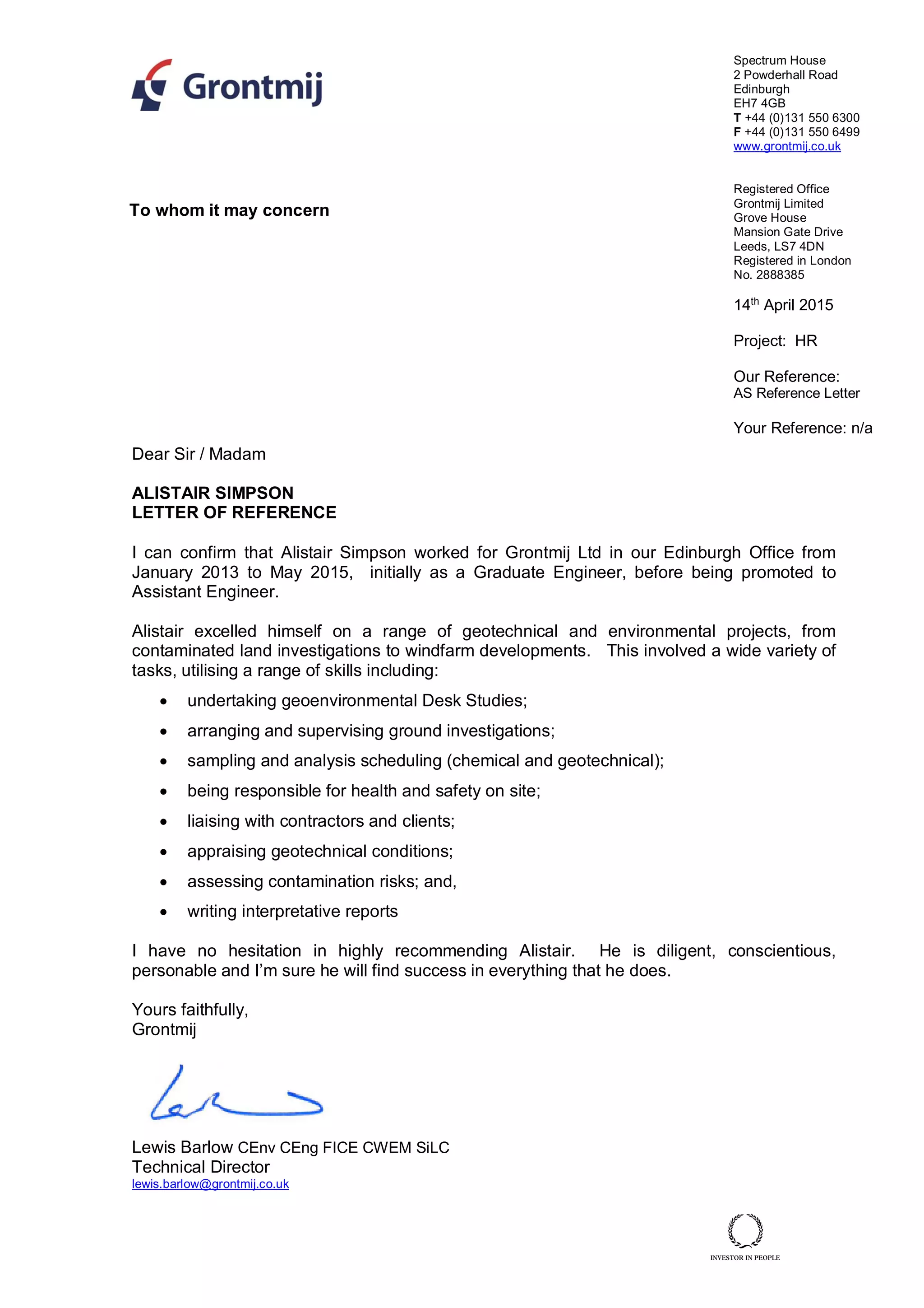 Letter of Reference - Alistair Simpson | PDF