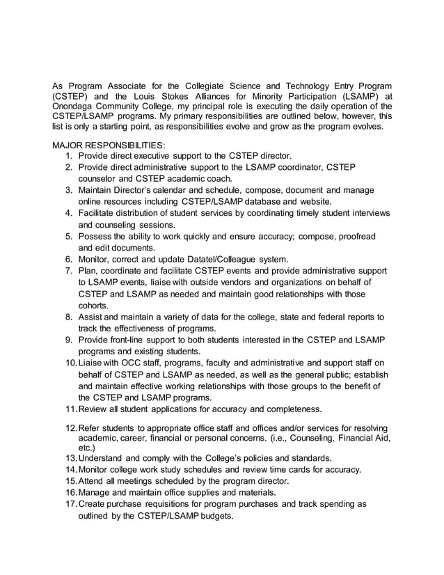 Program Associate Detailed Duties | DOCX | College Planning | College ...