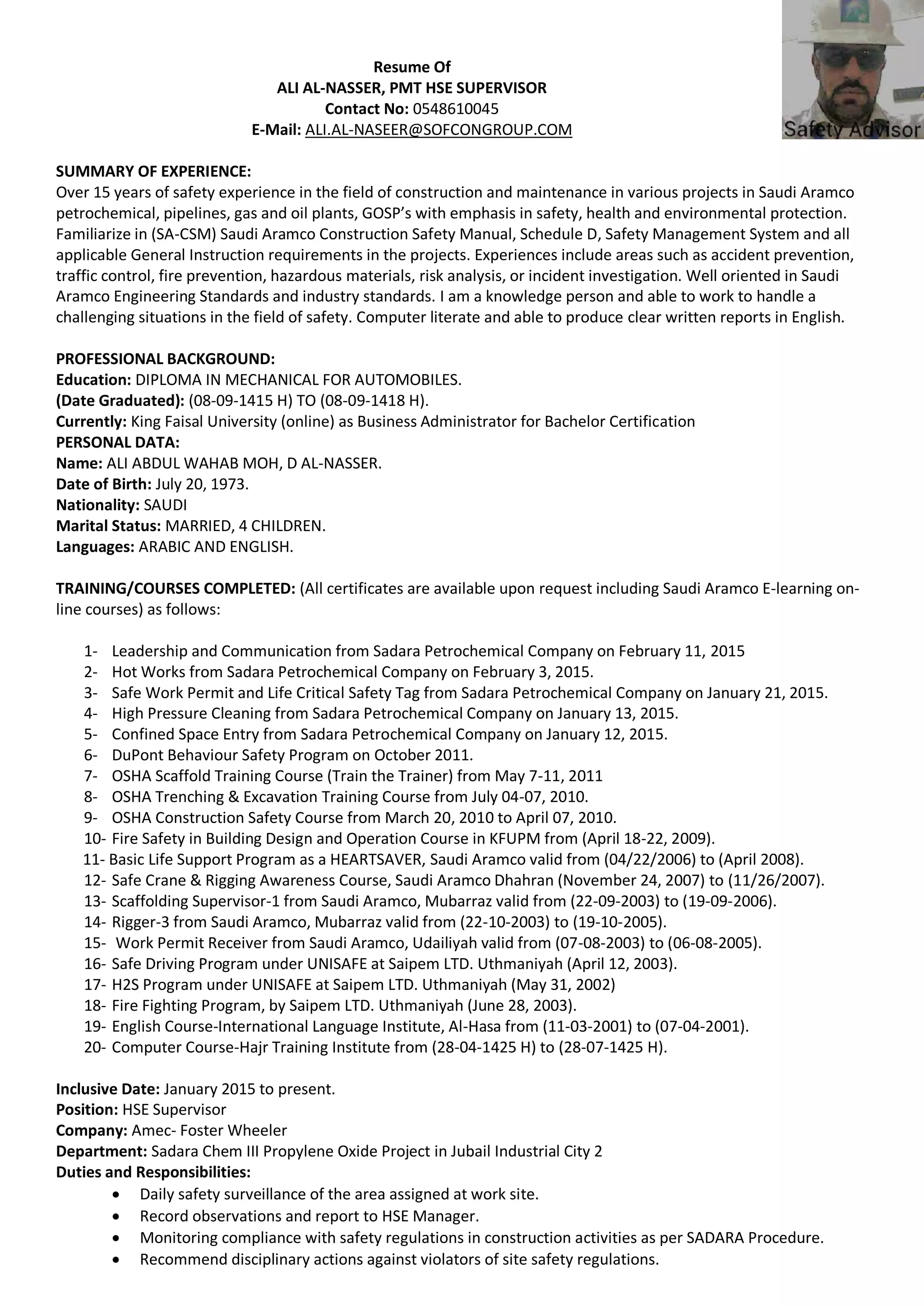 RESUME OF ALI AL-NASSER, PMT HSE SUPERVISOR.compressed | PDF