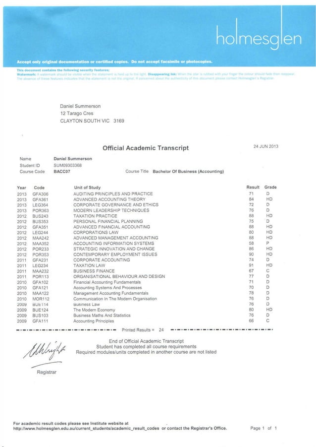 Daniel Summerson academic transcript | PDF