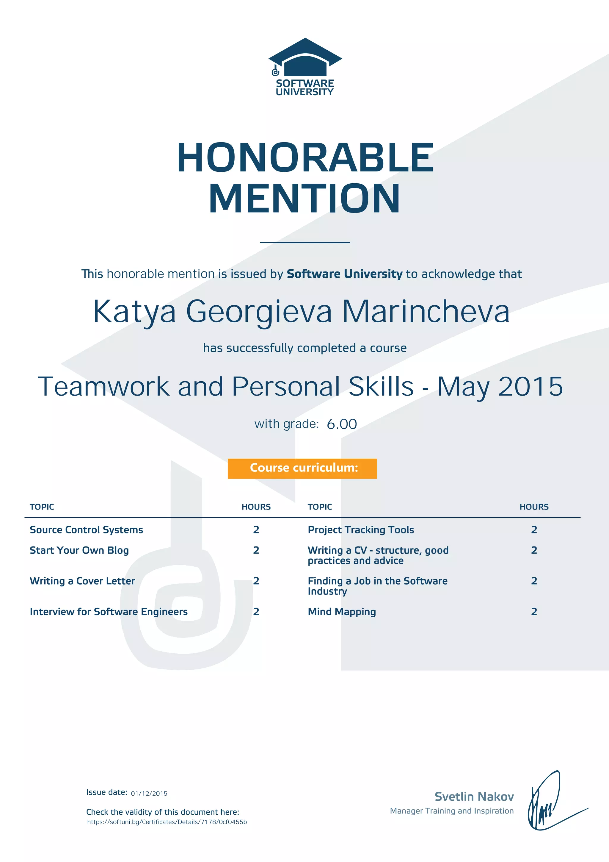 SoftUni Teamwork and Personal Skills Certificate | PDF