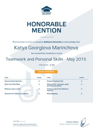 SoftUni Teamwork and Personal Skills Certificate | PDF