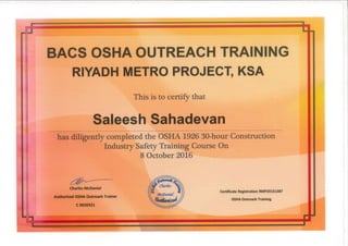 OSHA Certificate-Saleesh Sahadevan | PDF