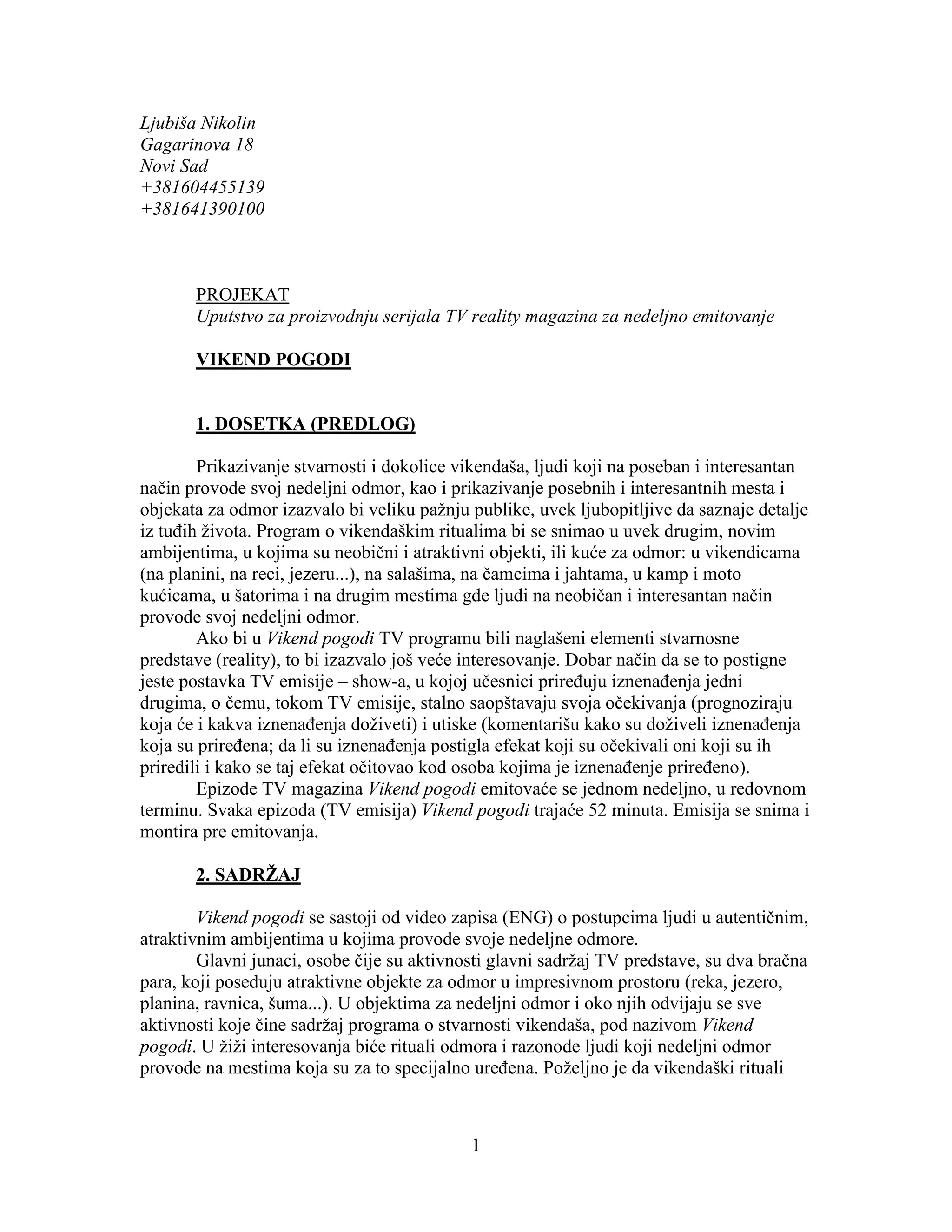 TV projekat Vikend pogodi (reality) | PDF